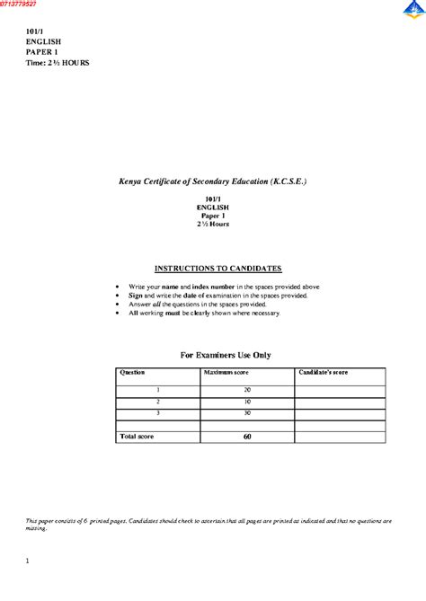 Eng Pp1 F4 Useful 101 English Paper 1 Time 2 ½ Hours Kenya