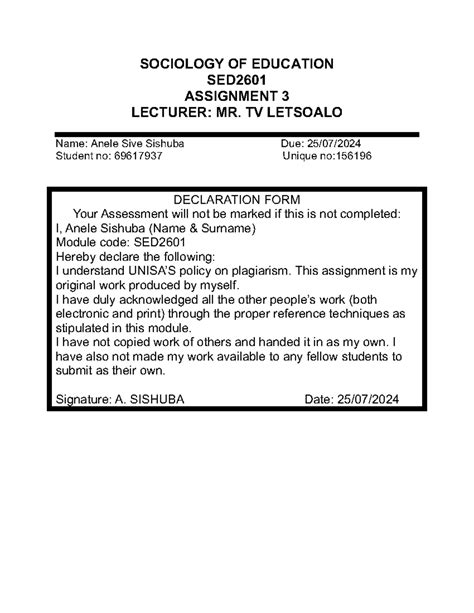 Sed Assignment SOCIOLOGY OF EDUCATION SED ASSIGNMENT LECTURER MR TV LETSOALO Name