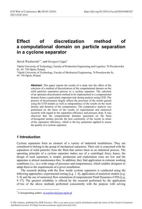 Pdf Effect Of Discretization Method Of A Computational Domain On Particle Separation In A