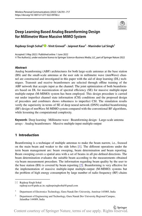 Deep Learning Based Analog Beamforming Design For Millimetre Wave Massive Mimo System Request Pdf