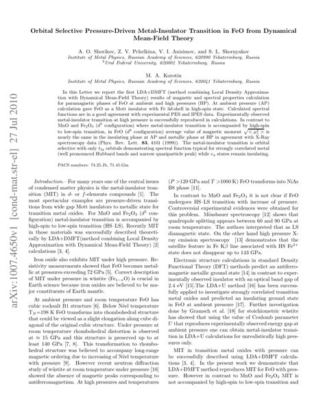 Pdf Orbital Selective Pressure Driven Metal To Insulator Transition In Feo From Dynamical Mean