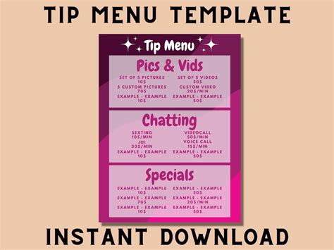 Onlyfans Tip Menu Template For Adult Content Creator Etsy
