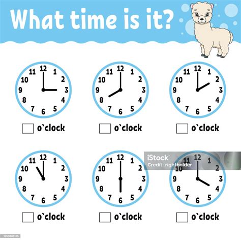 시계에 시간을 학습 어린이와 유아를위한 교육 활동 워크 시트 어린이를위한 게임 귀여운 만화 스타일의 간단한 평면 고립 된 색상 벡터 일러스트 수학에 대한 스톡 벡터 아트 및