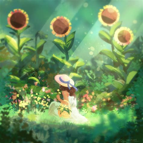 Zandra Original 1girl Basket Blue Ribbon Brown Hair Dandelion Day Dress Field Flower