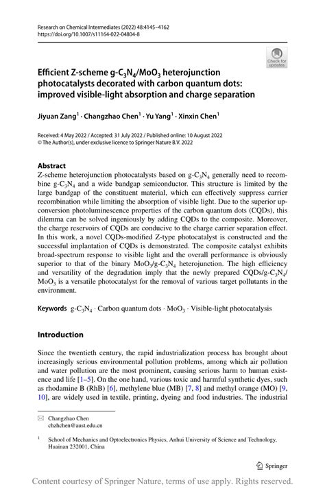 Efficient Z Scheme G C3n4 Moo3 Heterojunction Photocatalysts Decorated With Carbon Quantum Dots