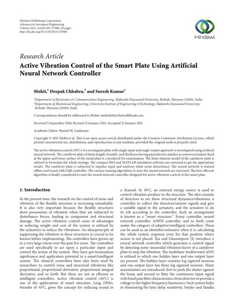 Pdf Active Vibration Control Of The Smart Plate Using Artificial Neural Network Controller