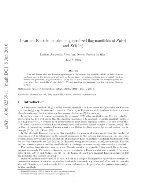 PDF Invariant Einstein Metrics On Generalized Flag Manifolds Of Sp N And SO N