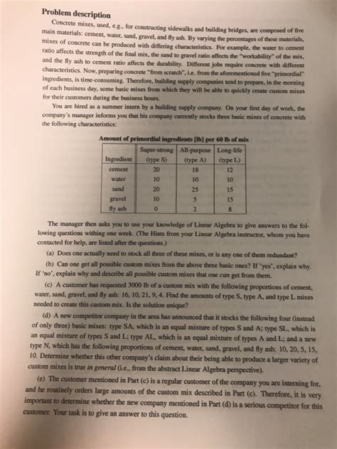 Solved Problem Description Concrete Mixes Used E G For Chegg Com