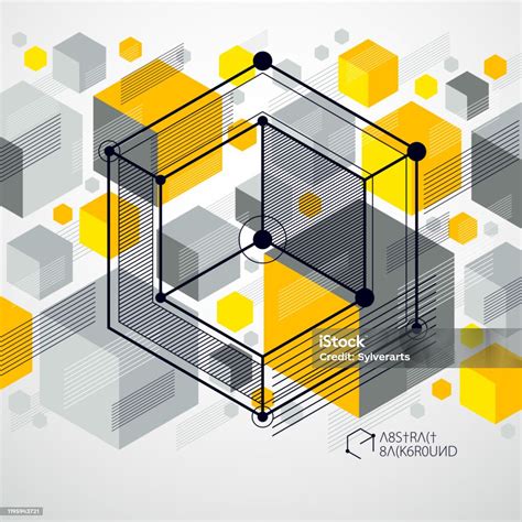 추상 기하학적 3d 큐브 패턴과 노란색 배경의 벡터입니다 큐브 육각형 사각형 사각형 및 다른 추상 요소의 레이아웃입니다 0명에