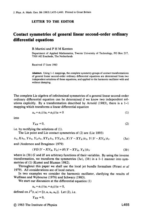 Pdf Contact Symmetries Of General Linear Second Order Ordinary Differential Equations