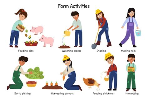 귀여운 어린이 농부들과 함께 농장 활동을 설정합니다 정원 가꾸기와 농업 일을 하는 귀여운 캐릭터들 교육에 대한 스톡 벡터 아트 및 기타 이미지 Istock