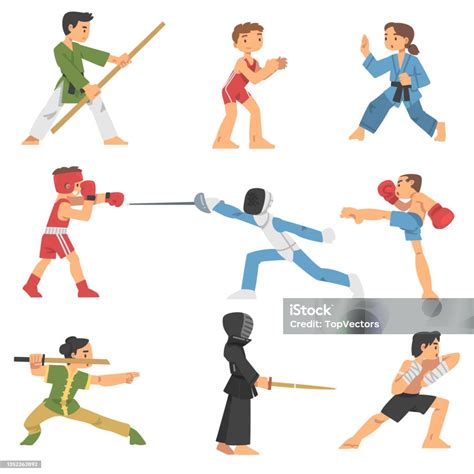 전투 스포츠 또는 싸움 스포츠 경쟁 벡터 일러스트 레이션 세트에 종사하는 사람들 캐릭터 쿵푸에 대한 스톡 벡터 아트 및 기타 이미지 쿵푸 가라테 검도 무술 Istock