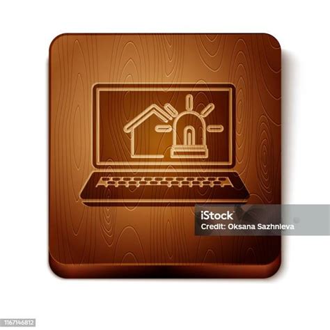 흰색 배경에 격리 된 스마트 하우스와 알람 아이콘이있는 갈색 노트북 스마트 홈의 보안 시스템 나무 사각형 버튼입니다 벡터 일러스트레이션 0명에 대한 스톡 벡터 아트 및 기타