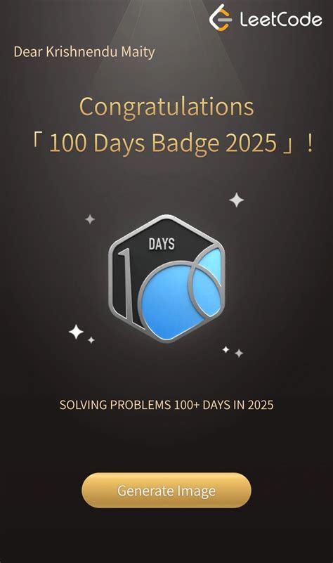 🏅 Earned The 100 Day Leetcode Challenge Badge 2025 Krishnendu Maity