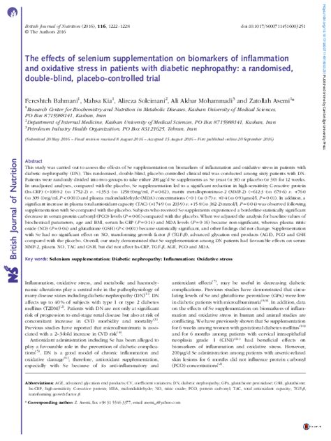 Pdf The Effects Of Selenium Supplementation On Biomarkers Of