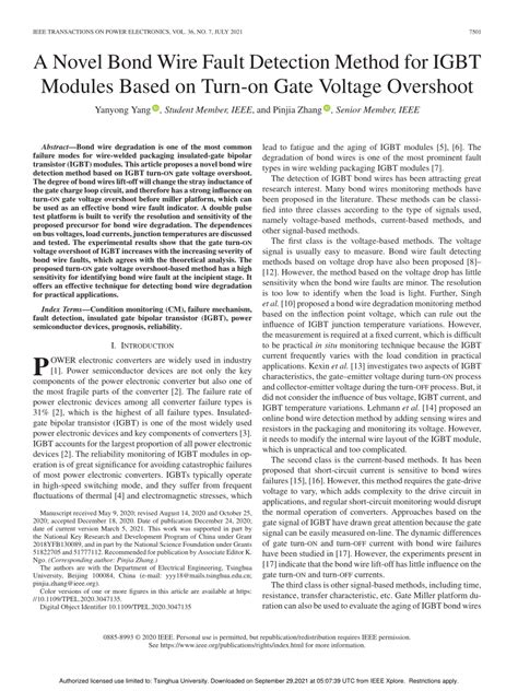 Pdf A Novel Bond Wire Fault Detection Method For Igbt Modules Based On Turn On Gate Voltage