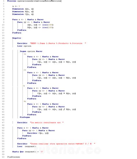 Arreglos PSeint Operaciones Aritmeticas Entre Matrices Tutorias Co