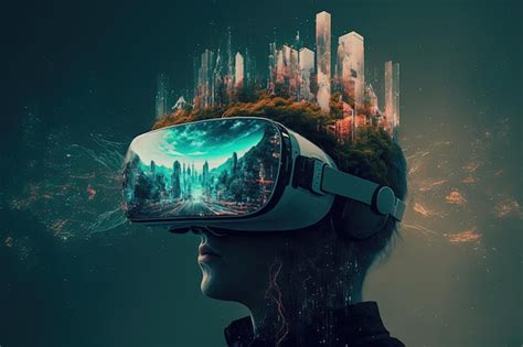 Premium Photo A Woman Wearing A Virtual Reality Headset With A City