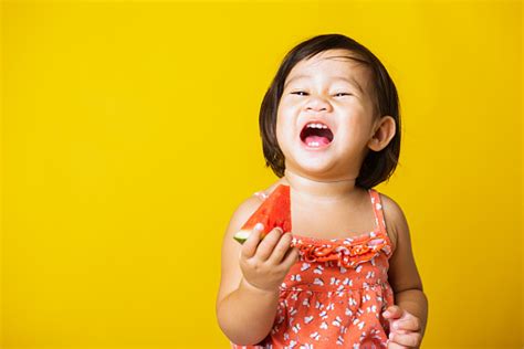 행복한 초상화 아시아 아기 또는 아이 귀여운 어린 소녀 매력적인 웃음 미소 티셔츠 를 입고 식사에 대 한 신선한 컷 수박을 보유