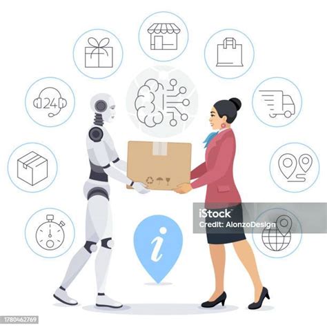 로봇과 함께 온라인 상점에서 쇼핑하는 여자 고객의 집으로 상자를 가져다주는 Ai 로봇 Brand Name Smart Phone에