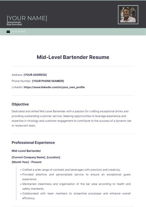 Free Mid Level Bartender Resume Template To Edit Online