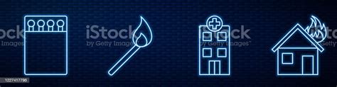 설정 라인 의료 병원 건물 성냥갑과 경기를 엽니 다 불타는 집에서 불과 화재와 불타는 일치 벽돌 벽에 빛나는 네온 아이콘입니다 벡터 가연성에 대한 스톡 벡터 아트 및 기타
