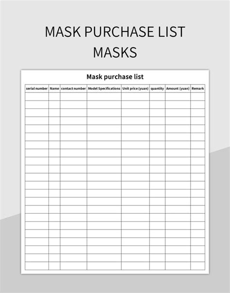 Mask Purchase List Masks Excel Template And Google Sheets File For Free Download Slidesdocs