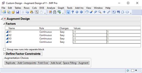 Solved How Do I Add A New Continuous Factor To A Doe Via Design Augmentation Jmp User Community