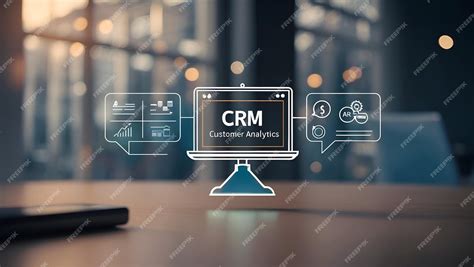 Photo Realistic Crm Interface And Customer Analytics Icon With Blank Area For Personalized