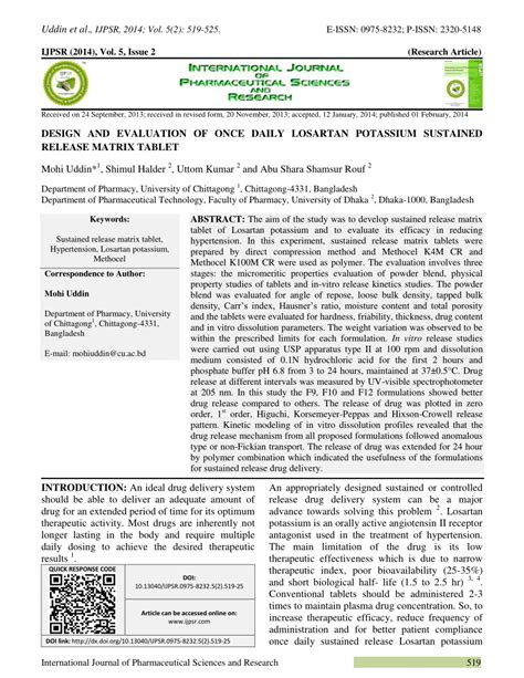 Pdf Design And Evaluation Of Once Daily Losartan Potassium Sustained Release Matrix Tablet
