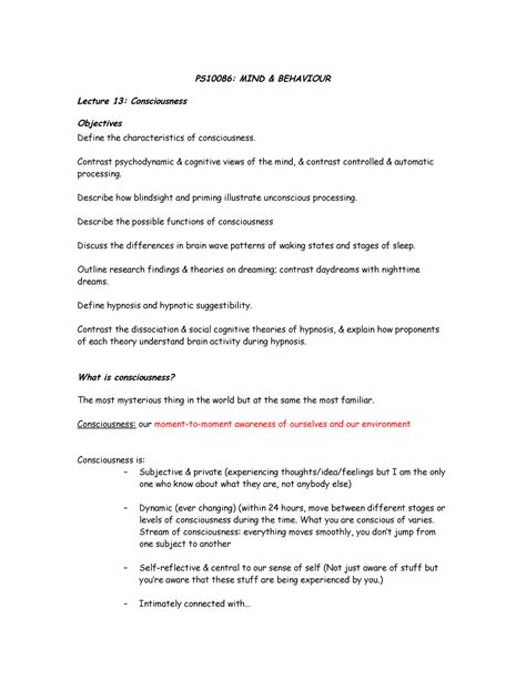 Lecture Consciousness Handout PS MIND BEHAVIOUR Lecture Consciousness Objectives