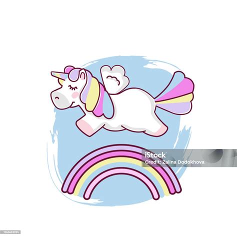 귀여운 마법의 유니콘과 무지개 흰색 배경에 고립 된 디자인 티셔츠 나 스티커에 인쇄합니다 어린이를위한 낭만적 인 손 그리기 그림