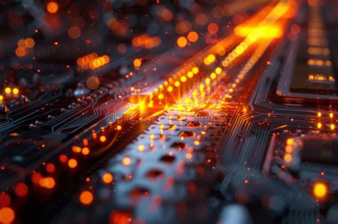 Dynamic Digital Data Flow And Circuitry With Fiery Orange Glow Stock