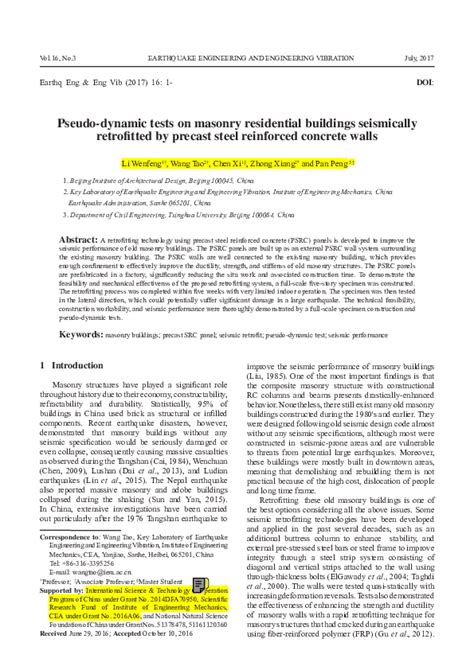Pdf Pseudo Dynamic Tests On Masonry Residential Buildings Seismically Retrofi Tted By Precast