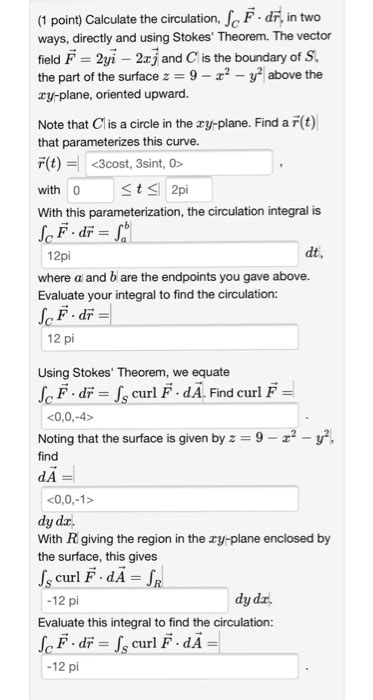 solved calculate the circulation integral c f middot dr in