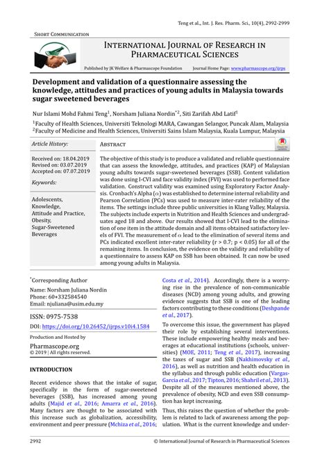 Pdf Development And Validation Of A Questionnaire Assessing The
