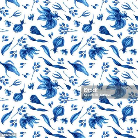단색 수채화 이음새가 없는 패턴은 추상적인 파란색 마법의 꽃과 물고기로 초대장 패턴 직물 월페이퍼 스티커를 제공합니다 흰색