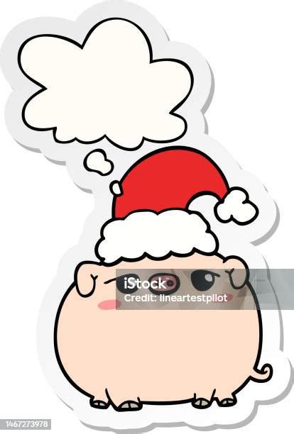인쇄된 스티커로 생각 거품이 있는 크리스마스 모자를 쓰고 있는 만화 돼지 귀여운에 대한 스톡 벡터 아트 및 기타 이미지 귀여운 기포 낙서 드로잉 Istock