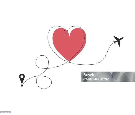 비행 경로 흰색 배경에 격리된 하트 파선 흔적과 평면 경로 로맨틱 한 결혼식 여행 신혼 여행 하트로 평면 경로를 그립니다 벡터 도면입니다 가리키기에 대한 스톡 벡터 아트 및