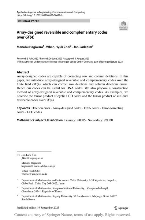 Array Designed Reversible And Complementary Codes Over Gf4 Request Pdf