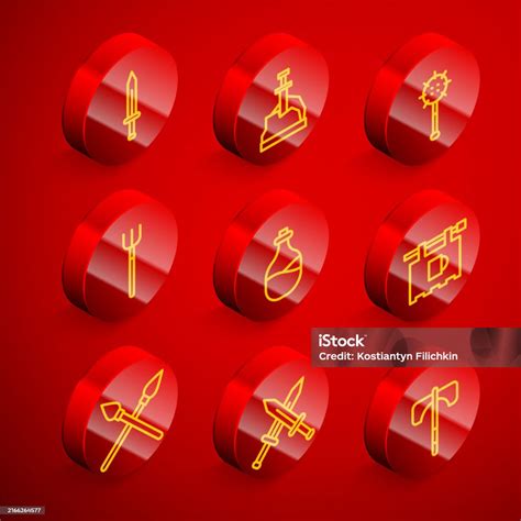 세트 라인 중세 검 돌 속의 검 사슬로 묶인 철퇴 공 정원 쇠스랑 오래 된 와인 병 바가 있는 거리 간판 교차된 중세 창과 아이콘 벡터 3차원 형태에 대한 스톡 벡터 아트