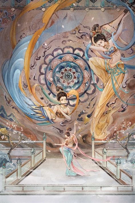 敦煌壁画 飞天：在佛教初传不久的魏晋南北朝时，曾经把壁画中的飞仙亦称为飞天，是飞天、飞仙不分。后业随著佛教在中国的深入发展，佛教的飞天、道教的