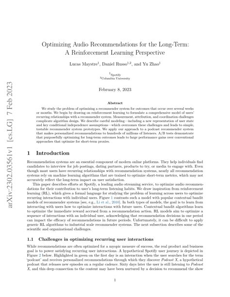 Pdf Optimizing Audio Recommendations For The Long Term A
