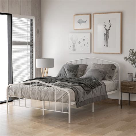 White Full Bed Frame Metal Platform Bed With Headboard And Heavy Duty