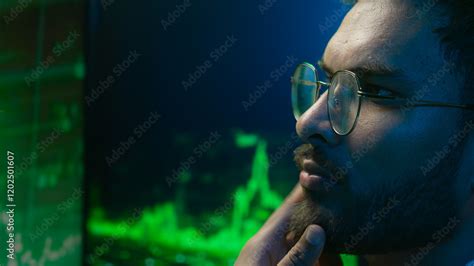 Indian Arabian Man Programmer Hacker Thinking Looking Computer Chart