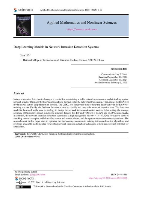 PDF Deep Learning Models In Network Intrusion Detection Systems