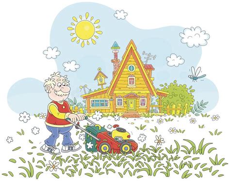 Funny Lawnmower Cutting Green Grass Stock Vector Illustration Of