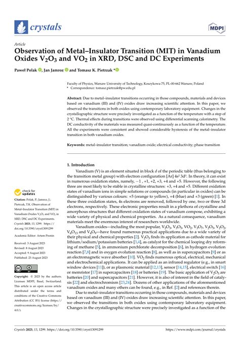 Pdf Observation Of Metalinsulator Transition Mit In Vanadium