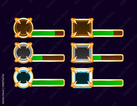 Set Of Gui Wooden Stone Ice Medieval Indicator Bar With Golden Border Frame For Game Ui Asset