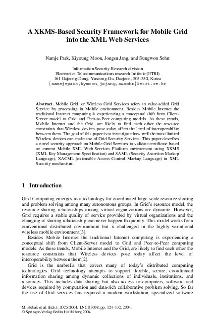 a xkms based security framework for mobile grid into the xml web services
